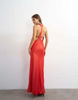Topshop Robe longue en satin &agrave; encolure d&eacute;gag&eacute;e et surpiq&ucirc;res - Rouge-Pas de couleur