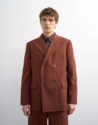 Topman Veste de costume d&eacute;contract&eacute;e en aspect laine &agrave; double boutonnage - Rouille-Brown