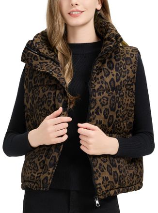 Feoya Damen Steppweste Kurze Pufferweste Stehkragen Daunenweste Leopard Warm &Auml;rmellos Winterjacke &Uuml;bergangsweste mit Taschen Braun XL