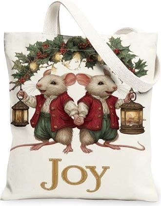 Generic Sacs fourre-tout en toile motif souris de No&euml;l, sacs d&eacute;picerie r&eacute;utilisables, vintage, l&eacute;gers, lavables &agrave; l&eacute;paule S, blanc, 13x15 Inch