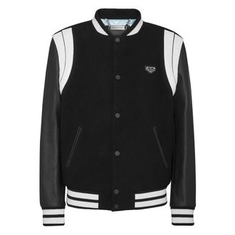 Philipp Plein Bomberjacke Leder&auml;rmel College - - Jackets - Herren - Schwarzk - 2XL