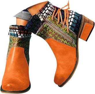 Onsoyours Bottines Courtes pour Femme avec Talon Fermeture Eclair Vintage Motard pour Femme avec Talon pour lhiver Orange 38 EU