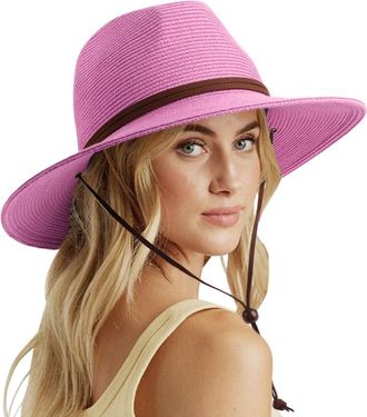 Dreshow Damen Panama Hut Sommer Breiter Krempe Stroh Fedora Sommerhut Strandhut UV Sonnenhut mit Kinnriemen Verstellbare Strohhut UPF 50 +