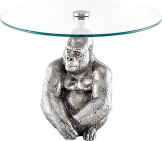 Invicta Interior Runder Couchtisch Wildlife Kong - 60cm - Silber - Metall Glas Gorilla Tisch Skulptur handgefertigt
