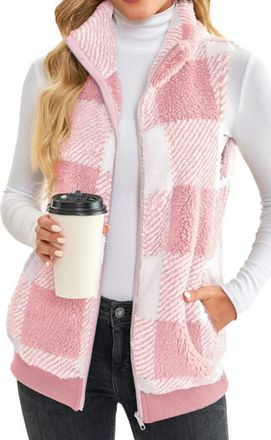EUDOLAH Damens Fleece Weste mit Rei&szlig;verschluss im Karo-Muster Warme Steppweste mit Stehkragen in Langer Weiter Passform f&uuml;r Winter und Freizeit(3XL,Pink)