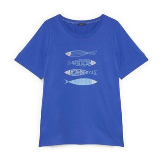 Fiorella Rubino Baumwoll-T-Shirt mit Print und Perlen - - Tops - Damen - Blau - M