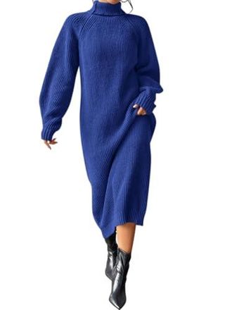 ORANDESIGNE Robe Pull Femme Hiver Col Roul&eacute; El&eacute;gant Robe Tricot Longue Robes Manches Lanternes Maxi Robes Automne A Bleu XL