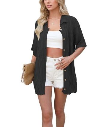 Generic Cardigan court en tricot à manches courtes Y2K pour femme, cardigan boutonné en tricot côtelé élégant, coupe ample, Noir, XL