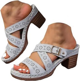 Generic Tongs &agrave; talons &eacute;pais pour femme - Mules &agrave; talons &agrave; enfiler pour robe de mari&eacute;e - Chaussures de mariage - Tongs d&eacute;t&eacute; avec soutien de la vo&ucirc;te plantaire