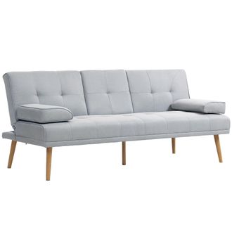 HOMCOM Schlafsofa, 3-Sitzer Sofa, Schlafcouch mit Klappbarem Tisch, Becherhalter, Bettsofa mit Leinenoptik, Couch G&auml;stebet f&uuml;r Wohnzimmer, Hellgrau