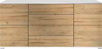 Vladon Sideboard Rova V2, Kommode mit 4 Türen und 4 Schubladen, Weiß matt/Eiche Natur (166,5 x 75,5 x 35)