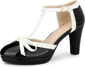 Allegra K Escarpins &agrave; talon &eacute;pais avec sangle en T pour femme, Noir, 40 EU