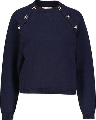 Maison Common Damen Strickpullover mit Stickerei und Schmuckknöpfen