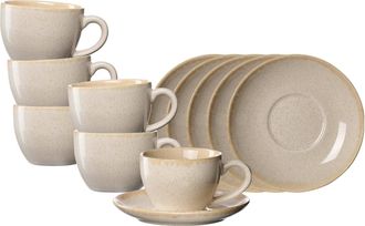 Ritzenhoff & Breker Sahara Kaffeetassen mit Untertassen 6er Set | 230 ml | Rustikaler Handmade-Look durch Reaktivglasur, Sanfte Sandt&ouml;ne | Porzellan, Sp&uuml;lmaschinenfest | 