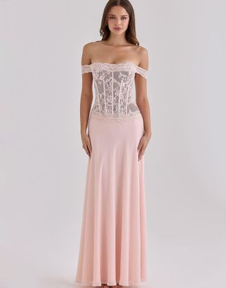 House of CB Nerina robe longue corset en dentelle et georgette rose