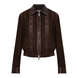 Versace Femme, Vestes, Brun, Taille: 38 FR Veste en cuir et daim &agrave; motif Greca