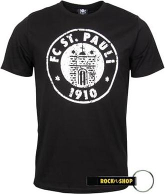 FC St. Pauli T-shirt avec logo noir et blanc FCSP + d&eacute;capsuleur RocknShop, Noir, L
