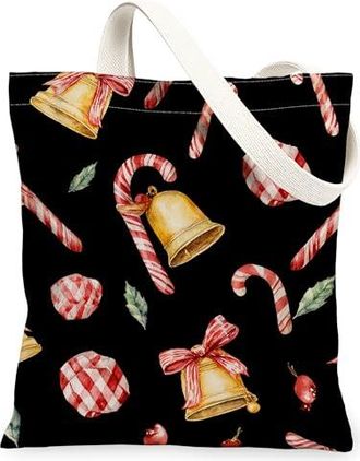 Generic Sacs fourre-tout en toile de No&euml;l, motif canne &agrave; sucre dorge et cloche, sacs d&eacute;picerie r&eacute;utilisables, sacs de vacances amusantes, l&eacute;gers et lavables e
