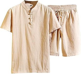 Generic Lot de 2 tenues en lin pour homme - T-shirt et short à manches courtes - Couleur unie - 2 pièces - Chemise et short de plage - En coton et lin - Taill