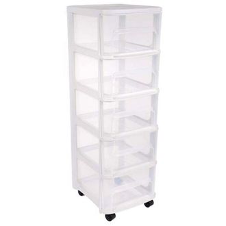 Eda Tour de rangement 5 tiroirs grand mod&egrave;le avec roulettes blanc ceruse