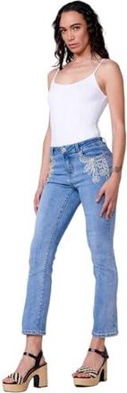 Koröshi Pantalon long Push Up droit avec détail avant dans les poches pour femme, couleur bleu moyen, bleu, 36