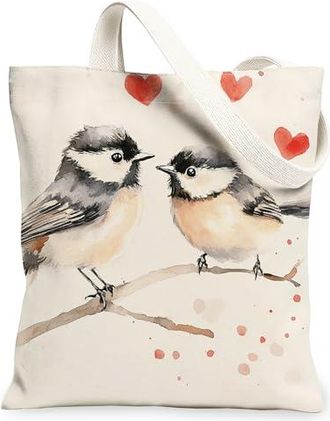 Generic Chickadees Sac fourre-tout en toile motif oiseau pour le shopping 33 x 38 cm, sac &agrave; bandouli&egrave;re r&eacute;utilisable pour la Saint-Valentin, peinture en forme