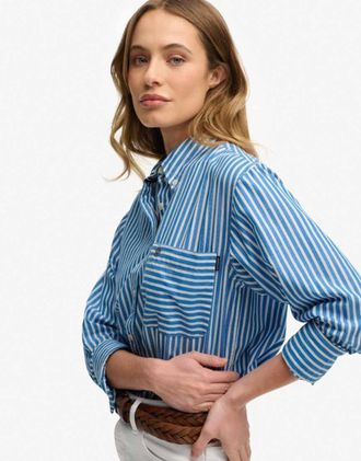 Superdry Chemise d&eacute;contract&eacute;e &agrave; manches longues en popeline - Bleu roi/blanc