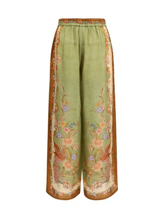 Zimmermann Womens Indra Relaxed Pants Khaki Scarf Floral Silk Trousers