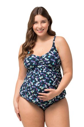 Ulla Popken Damen große Größen Übergrößen Plus Size Bellieva-Tankini, Zweiteiler, Blumenmuster, Raffung, verstellbare Träger schwarz 48 822761100-48