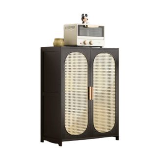 Generic Gro&szlig;z&uuml;giger Aufbewahrungsschrank, Doppelt&uuml;ren in Rattanoptik mit offenen Regalb&ouml;den, Flurschrank aus Holz, geeignet for Wohn- und Esszimmer(Color2,64x