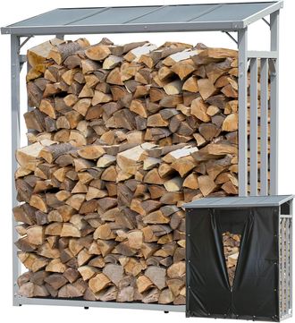 Quick Star Aluminium Kaminholzregal 130 x 70 x 185 cm mit Wetterschutz Garten Kaminholzunterstand 1,6 m&sup3; Kaminholzlager Stapelhilfe Aussen, Grau-transparent