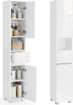 Vasagle Armoire de Salle de Bain, Meuble de Rangement, Colonne, avec Tiroir, Étagères Réglables, Compartiments, 30 x 30 x 170 cm, Blanc BBC560P31