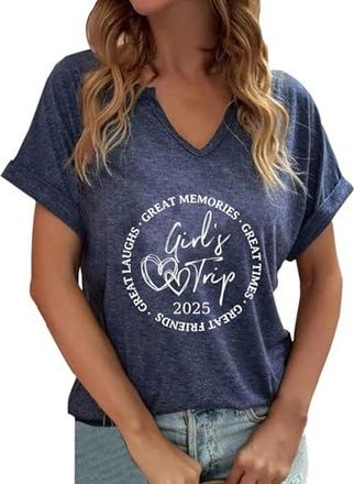 Generic T-shirt d&eacute;t&eacute; ample pour femmes 2025 avec col en V pour femmes, haut de gym, sorties, t-shirt graphique d&eacute;contract&eacute;, mignon, vacances, t-shirts basique