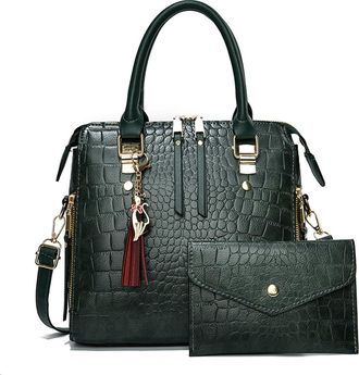 Nicole & Doris Damen Handtasche Brieftasche Set Handtaschen Umh&auml;ngetasche Krokodil Schultertaschen Crossbody Bag Lackleder Henkeltasche mit Anh&auml;nger Gr&uuml;n