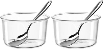 Leonardo VETRO Schalenset - 4 tlg. Set - 2 Löffel & 2 Schälchen - Hitzebeständig - Geeignet für Ofen & Mikrowelle - Für Desserts & kleine Küchlein - Vielseitig