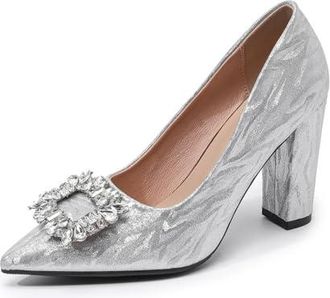 Generic Escarpins &agrave; bout pointu et talon carr&eacute; pour femme avec strass et boucle carr&eacute;e, Argent&eacute;., 38.5 EU