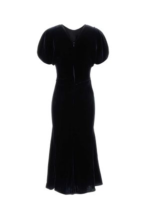 Victoria Beckham Velvet Puff-Sleeve Dress - Navy