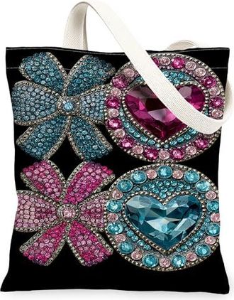 Generic Sacs fourre-tout en toile motif floral et coeur, sacs d&eacute;picerie r&eacute;utilisables, &eacute;l&eacute;gants, l&eacute;gers et lavables avec bandouli&egrave;re, noir, 13x15 Inch