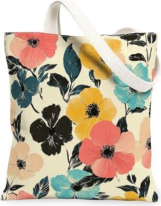 Generic Sac fourre-tout en toile pour le shopping, 33 x 38,1 cm, motif floral r&eacute;tro vintage, r&eacute;utilisable, sac d&eacute;picerie pour femme, esth&eacute;tique, plage, peintu