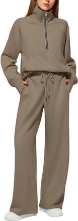 Generic Ensemble de surv&ecirc;tement d&eacute;contract&eacute; deux pi&egrave;ces pour femme avec demi-fermeture &eacute;clair et pantalon &agrave; jambes larges, surv&ecirc;tement en lin et coton, tenue 