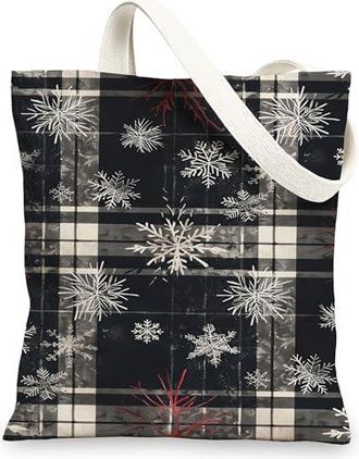 Generic Sacs fourre-tout en toile motif flocon de neige, sacs à provisions réutilisables élégants à carreaux classiques, légers et lavables, noir, 13x15 Inch