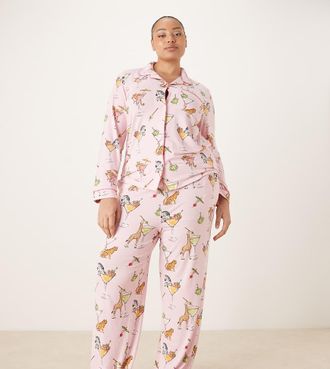 Chelsea Peers Curve - Ensemble de pyjama long boutonn&eacute; &agrave; imprim&eacute; animal et martini - Rose