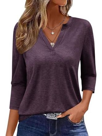 Onsoyours Tee Shirt Femme Manches 3/4 Col en V T-Shirt Ete D&eacute;contract&eacute; Haut Basic Top A Violet 01 XL
