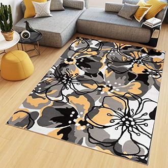 Tapiso Maya Tapis Poil Court Moderne Jaune Gris Noir Blanc Motif Floral Tapis Salon Chambre Salle &agrave; Manger Adulte Bureau Oeko-TEX R&eacute;sistant 220 x 300 cm
