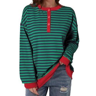 Generic Sweat-shirt surdimensionn&eacute; ray&eacute; &agrave; col rond &agrave; manches longues pour femme - Pull &agrave; col rond - Chemise Y2k - Coupe ample - Chemise dentra&icirc;nement d&eacute;contra