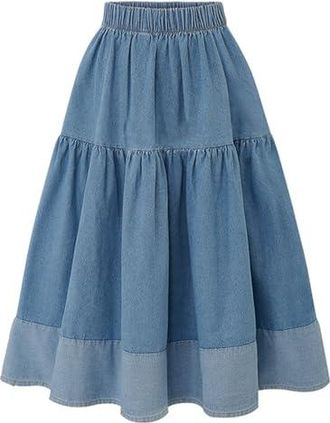 Generic 2026 Jupe en jean pour femme, grande taille, extensible, décontractée et polyvalente, avec ourlet à pompons, tendance, confortable, design haut-bas, b