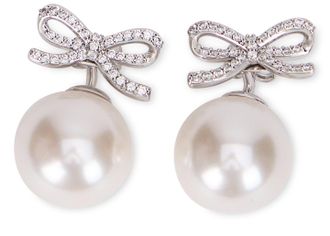 Self Portrait Womens Button Earrings Crystal Bow Silver Brass