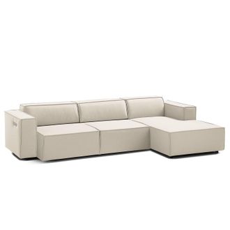 Studio Copenhagen home24 Ecksofa mit Longchair Wei&szlig;/Altwei&szlig; Webstoff Osta 294cm Longchair davorstehend rechts Sitztiefenverstellung Modern