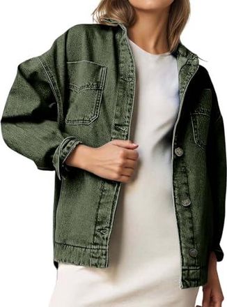Generic 2026 Vestes en jean pour femmes, veste surdimensionn&eacute;e, boutonn&eacute;e, manches longues, en denim zimbaplatinum, Vert, XL