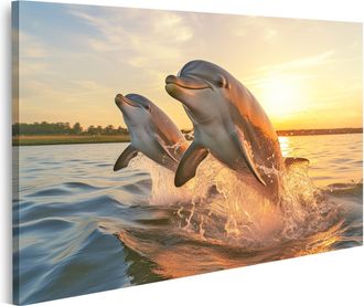 Islandburner Leinwandbild Springende Delfine bei Sonnenuntergang am Meer - Leinwand 100x57cm